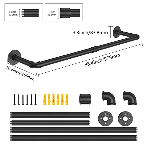 Elibbren 2 Pack Clothing Rack Wall Mount, Industrial Pipe Clothing Rack 38.4IN, Hanging Clothes Rack,Heavy Duty Iron Garment Rack Bar for Closet,Laundry Room, Multi Purpose Hanging Rod,Black