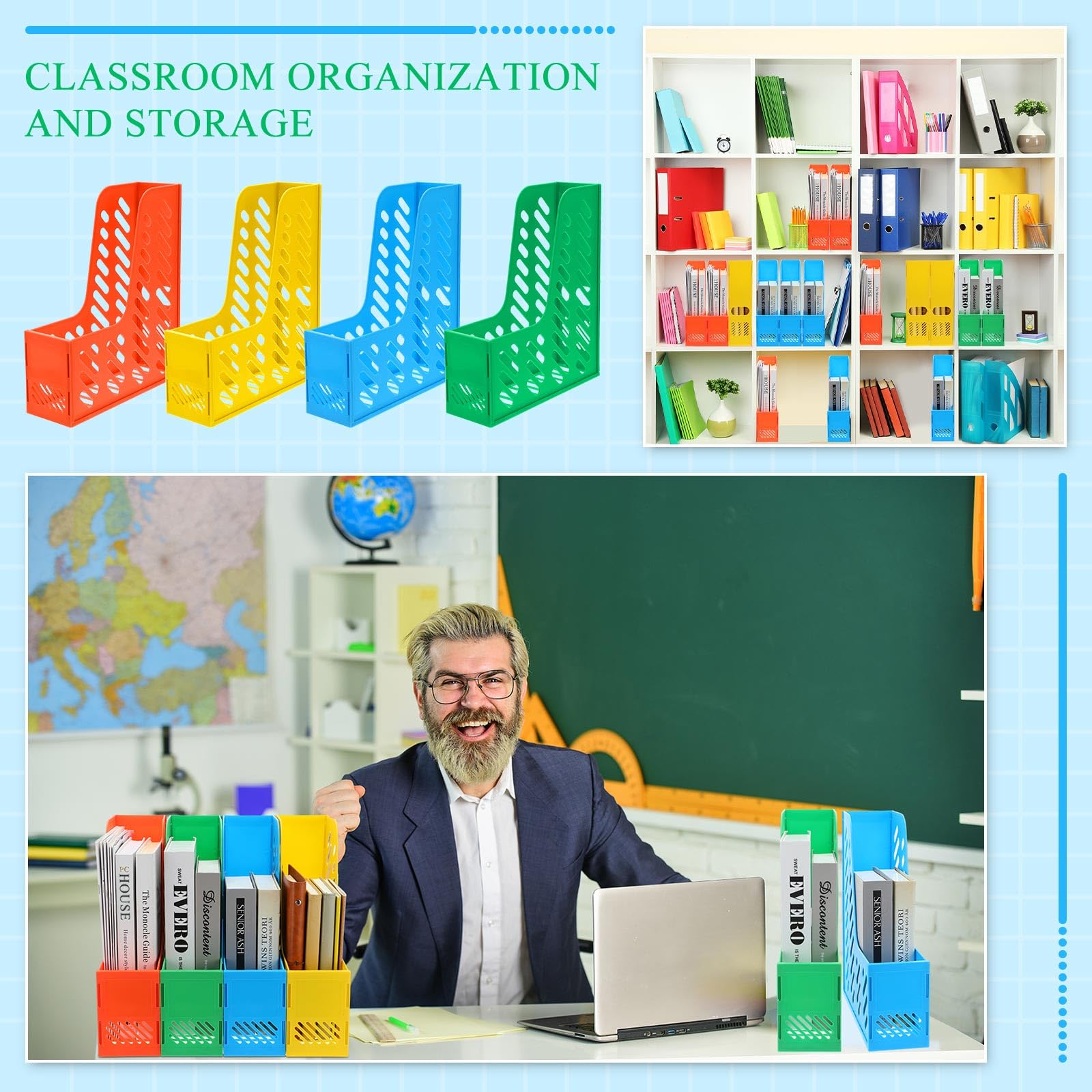 24 Pack Magazine File Holder Desk Organizer Foldable Vertical File Folder for Office Classroom Organization and Storage Desktop Binder Rack for Office Classroom Supplies (Red, Yellow, Blue, Green)