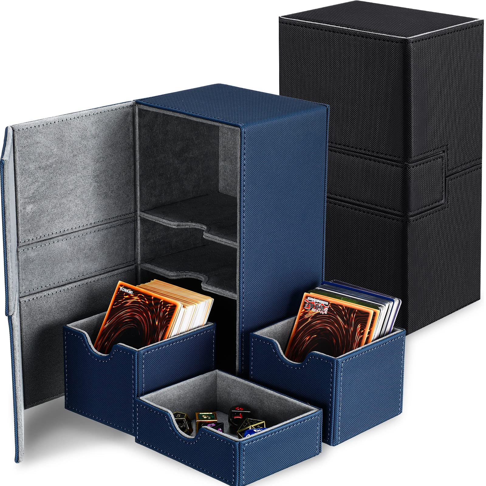 2 Boxes Double Deck Card Boxes Compatible with MTG Cards Leather Deck Card Boxes for 200+ Sleeved Cards Twin Flip Deck Case with 3 Tray for Trading Card Games (Red, Black)