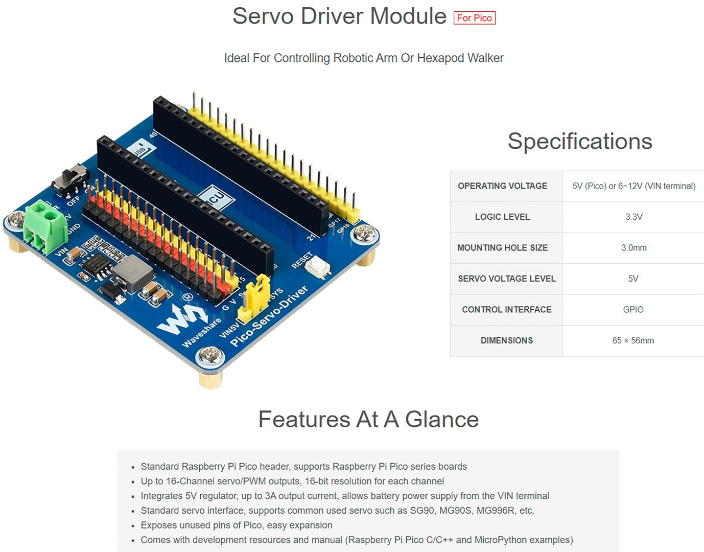 Servo Driver Module for Raspberry Pi Pico, Up to 16-Channel Servo/PWM Outputs, 16-bit Resolution for Each Channel,Onboard Standard Servo Interface to SG90/MG90S/MG996R,etc.