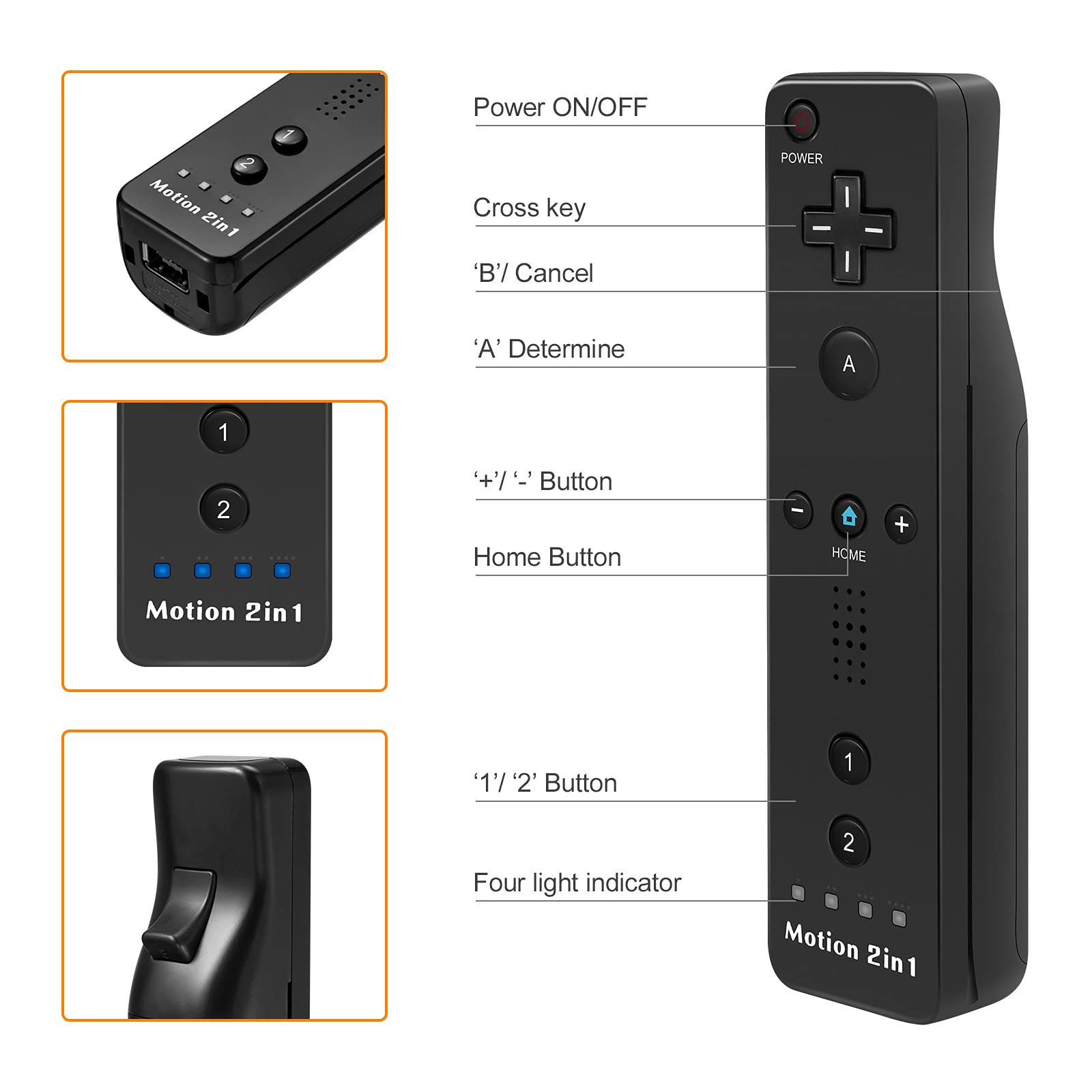 2 Pack Wii Controller, 2 in 1 Wii Remote Controller with Motion Plus for Nintendo Wii and Wii U, Wireless Wii Remote Game Controller with Silicone Case and Wrist Strap (Black)