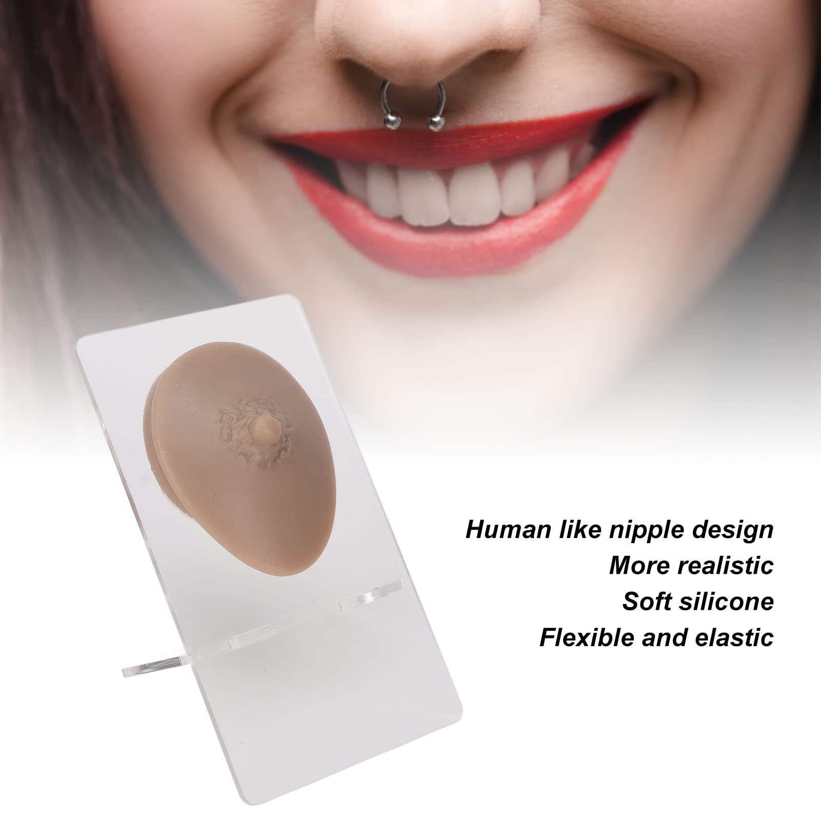 3D Nipple Model, Single Soft Silicone Elastic Simulation Reusable Model with Holder, Simulation Soft Flexible Nipple Display Props for Body Piercing Practice and Jewelry Display (Light Skin Colour)