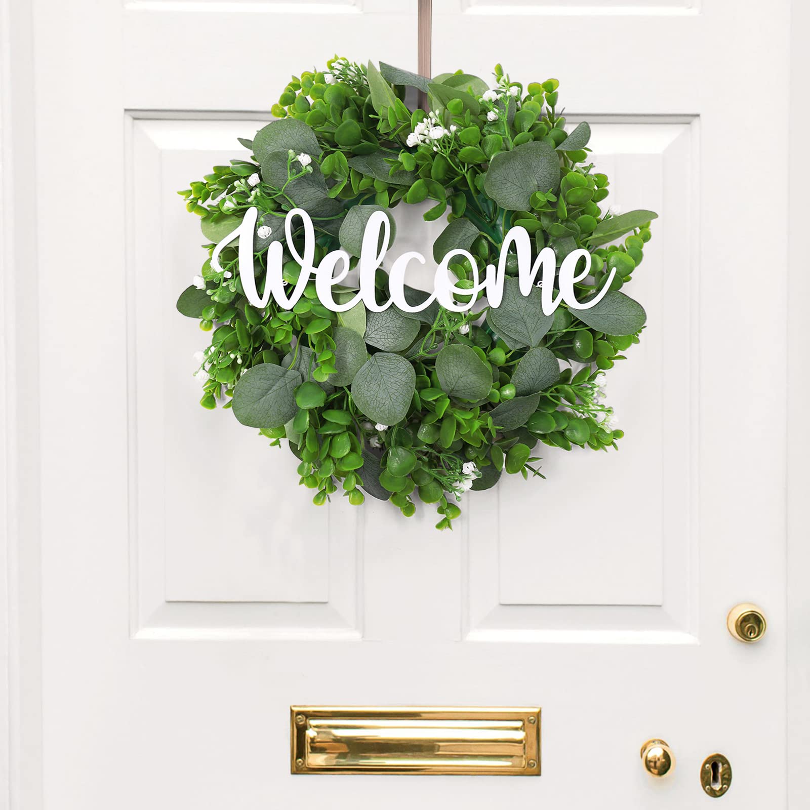 Artificial Eucalyptus Wreath with Welcome Metal Sign for Front Door 13" Faux Green Leaf Hanging Decor Farmhouse Porch Patio Garden Wedding Party Celebration Wall Home Table St Patricks Day Decoration