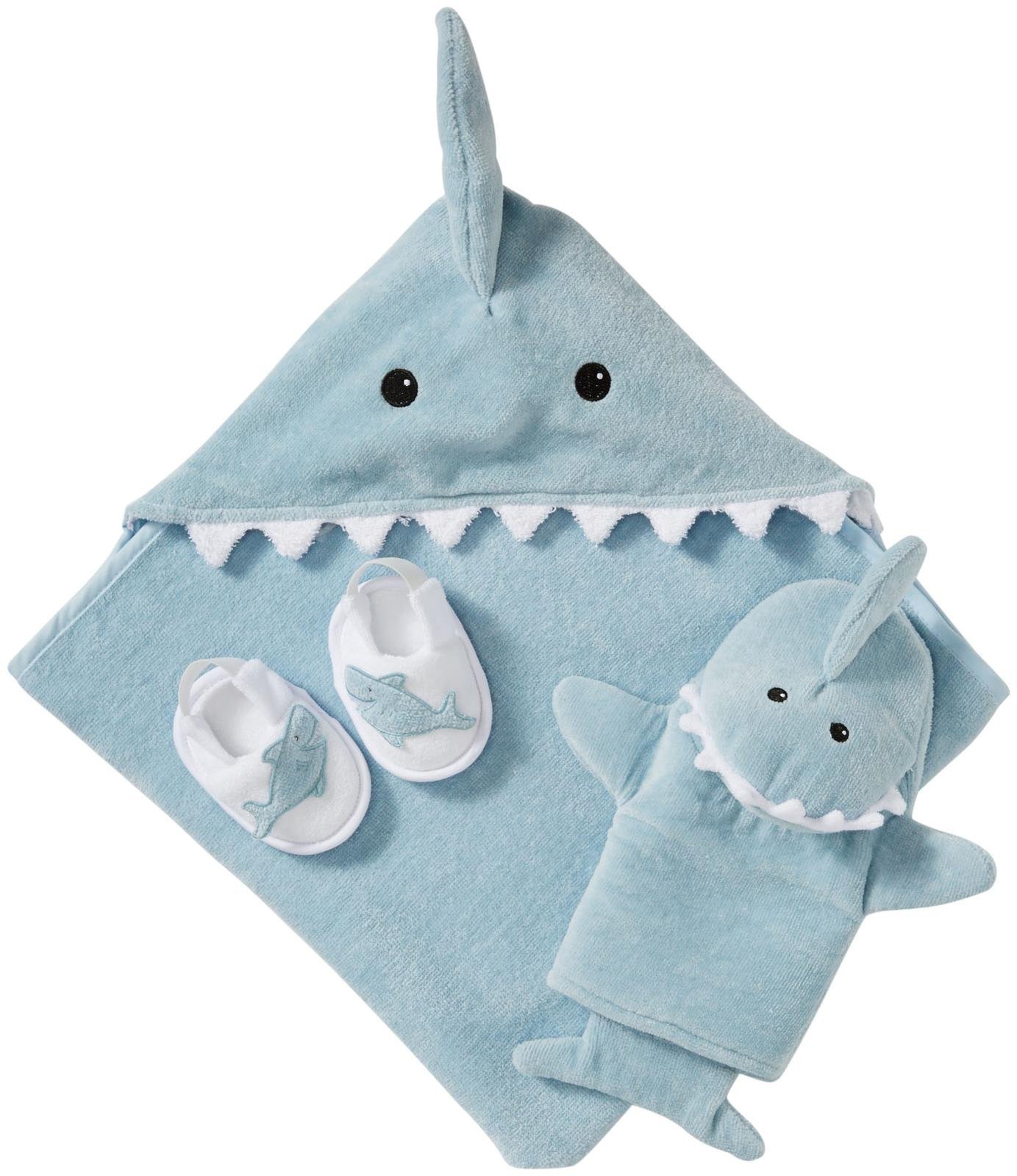 Baby Aspen Let The Fin Begin 4 Pc Bath Time Gift Set, Baby Shark Hooded Towel, Newborn, 0-9 Months, Blue