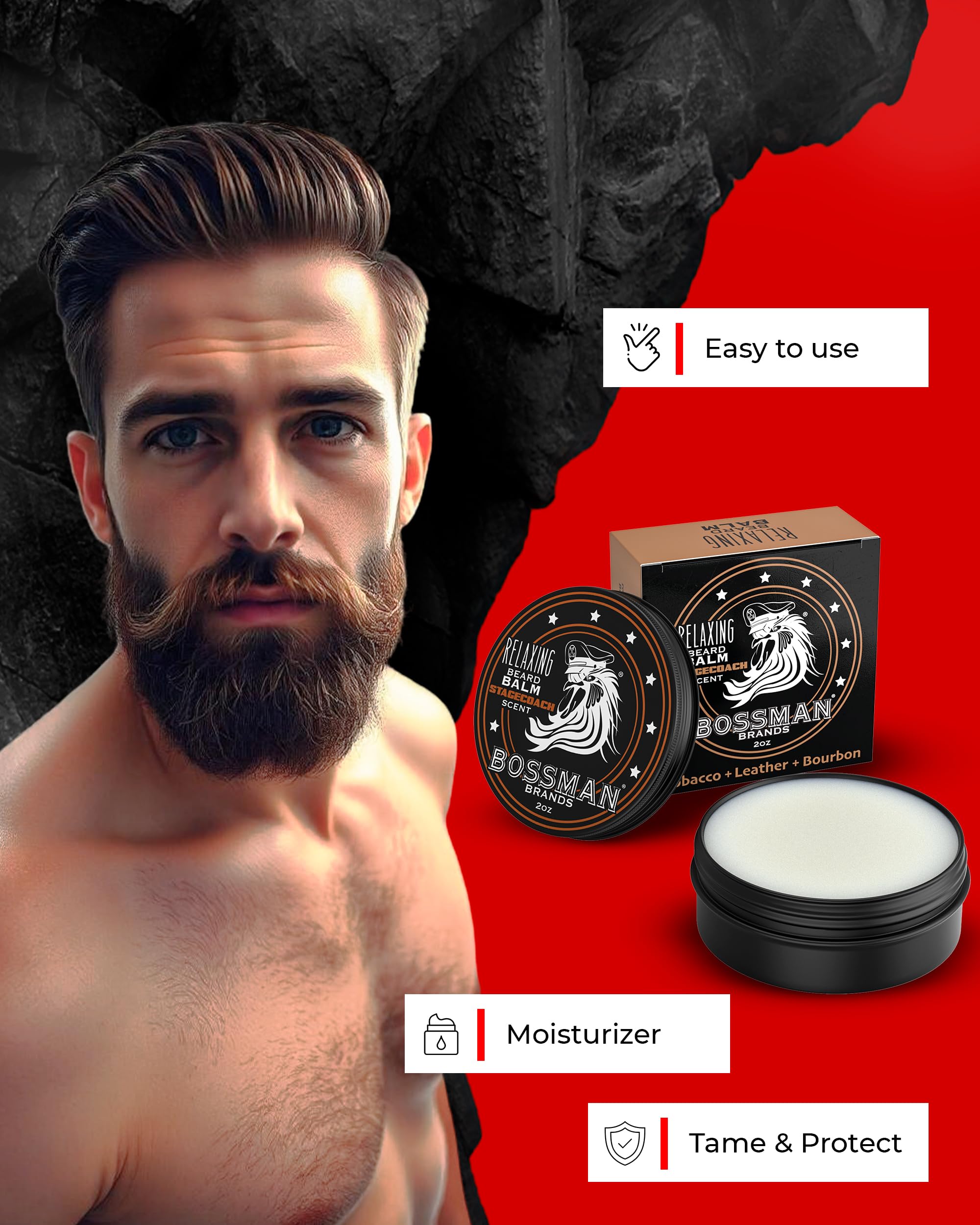 Bossman Relaxing Beard Balm - Beard Tamer, Relaxer, Thickener and Softener Cream - Beard Care Product - Made in USA (Stagecoach Scent)