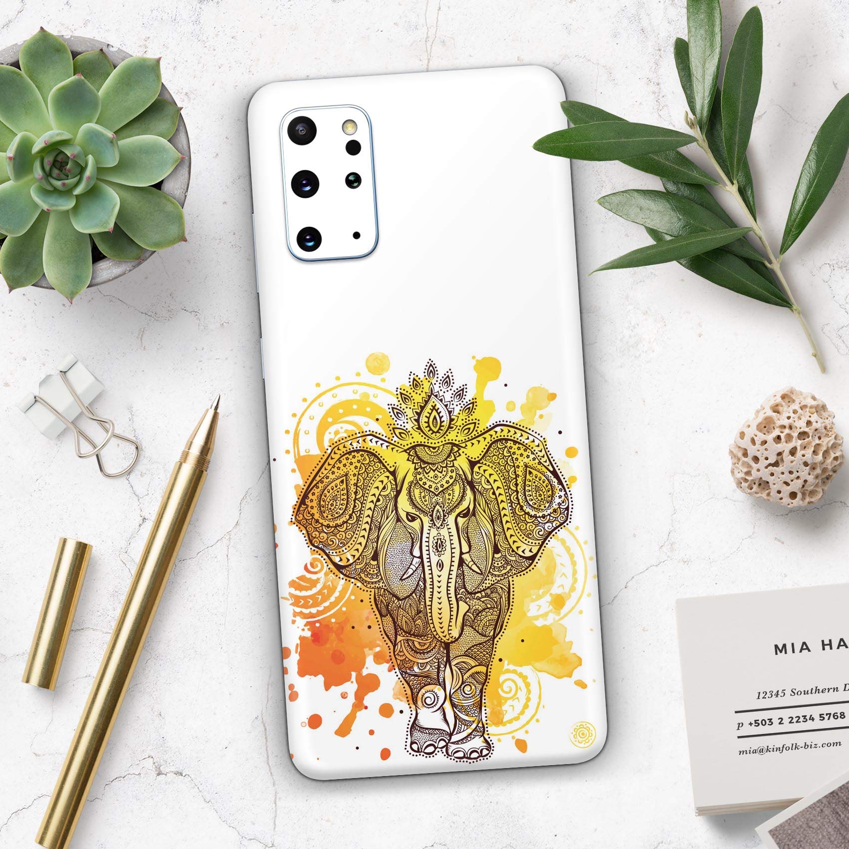 DesignSkinz Bright Orange Ethnic Elephant Protective Vinyl Decal Wrap Skin Cover Compatible with The Samsung Galaxy S20 (Screen Trim & Back Glass Skin)