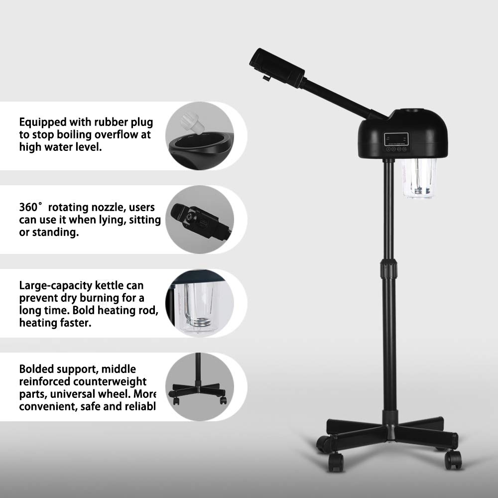 LCD Ozone Facial Steamer Professional for Clean Skin, Skin Care Use at Home, Beauty Salon, Spa with Hot Mist, Timer Function, Adjustable Height, Rolling Wheels - Black