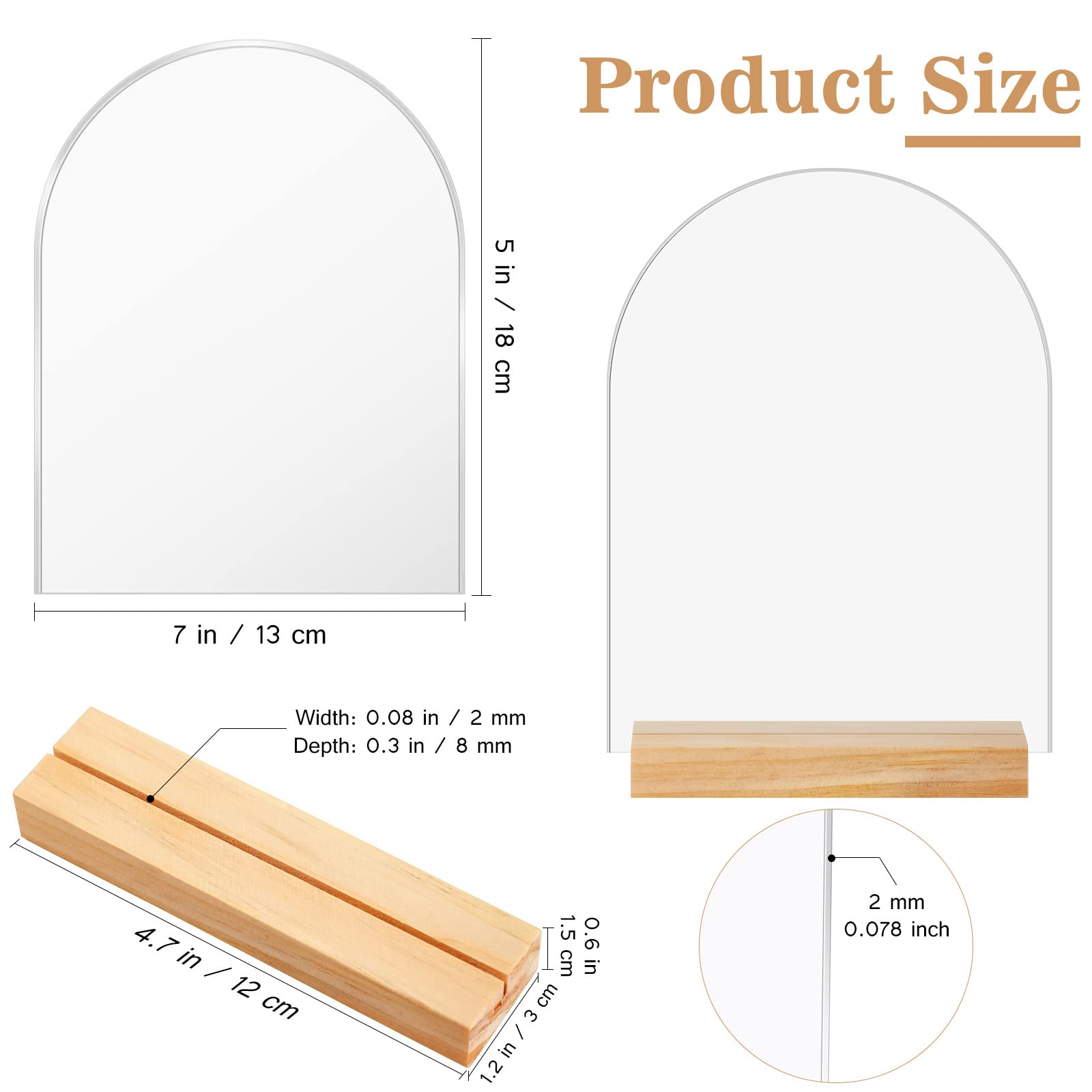 36 Packs 5 x 7 Inch Arch Acrylic Signs with Stand Clear Acrylic Sheets with Pine Wood Sign Holders Round Top Blank Acrylic Table Signs with Base for Wedding Party Events DIY Crafts Decorations