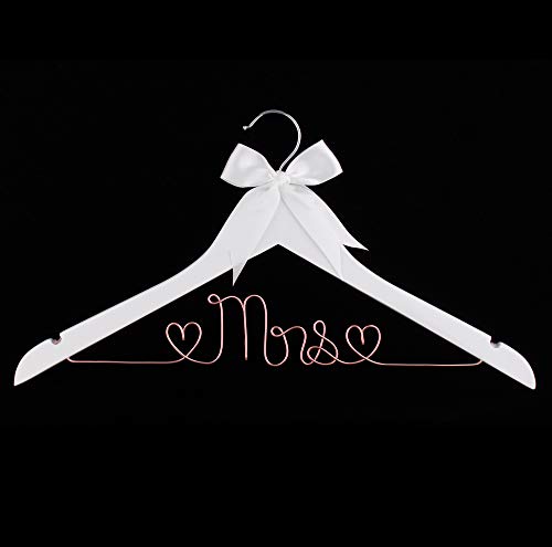 Ella Celebration Mrs Wedding Dress Hanger, Wood and Wire Hangers for Bride to be Gown (White with Rose Gold Wire)