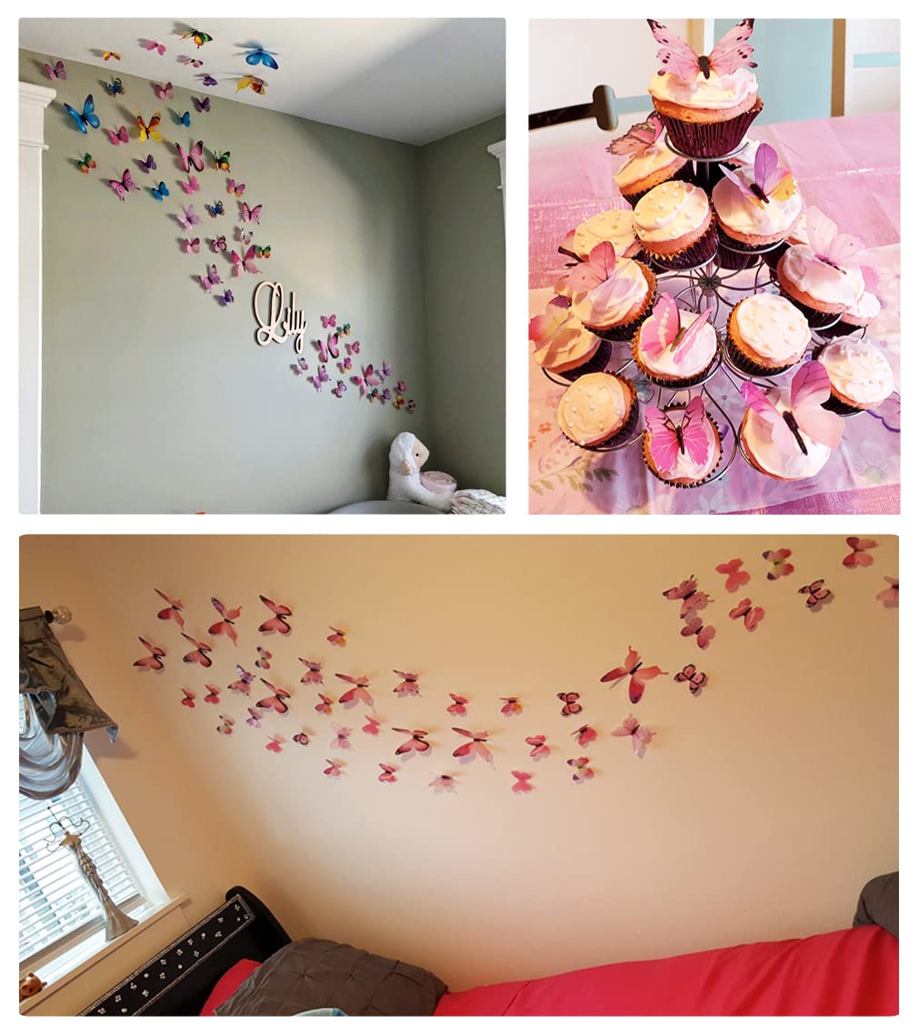 24 PCS Butterfly Wall Decals Butterflies Decor Stickers for Home Decorations Kids Room Bedroom Decor (Pink)