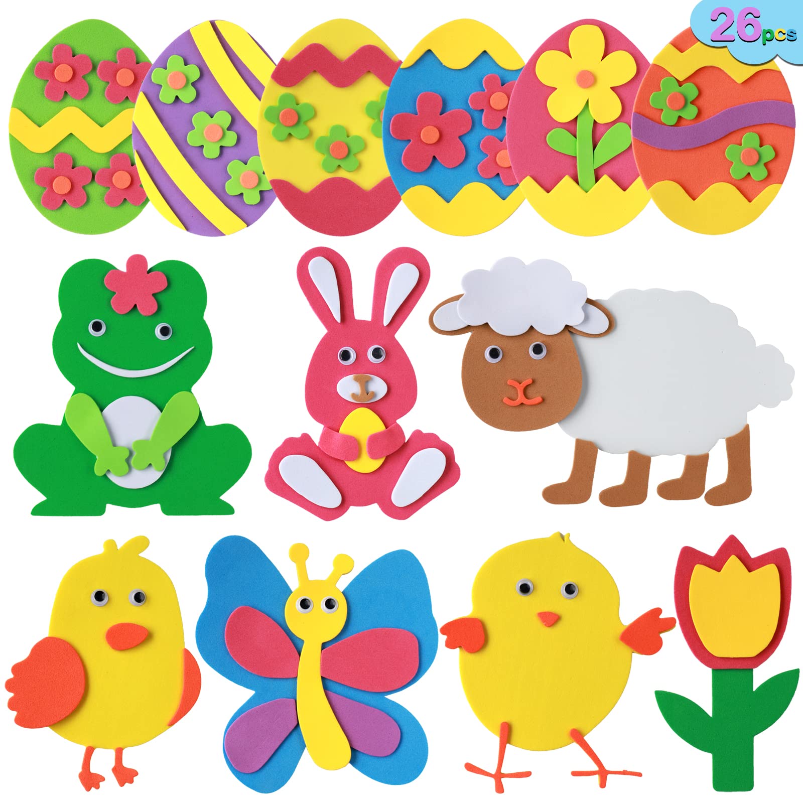 26 Sets Foam Easter Egg Magnet Craft Kit, 13 Styles DIY Animal and Egg Magnet Set Foam Easter Egg Ornaments Easter Foam Stickers for Kids Party Favors Easter Spring Classroom Activity Art Project