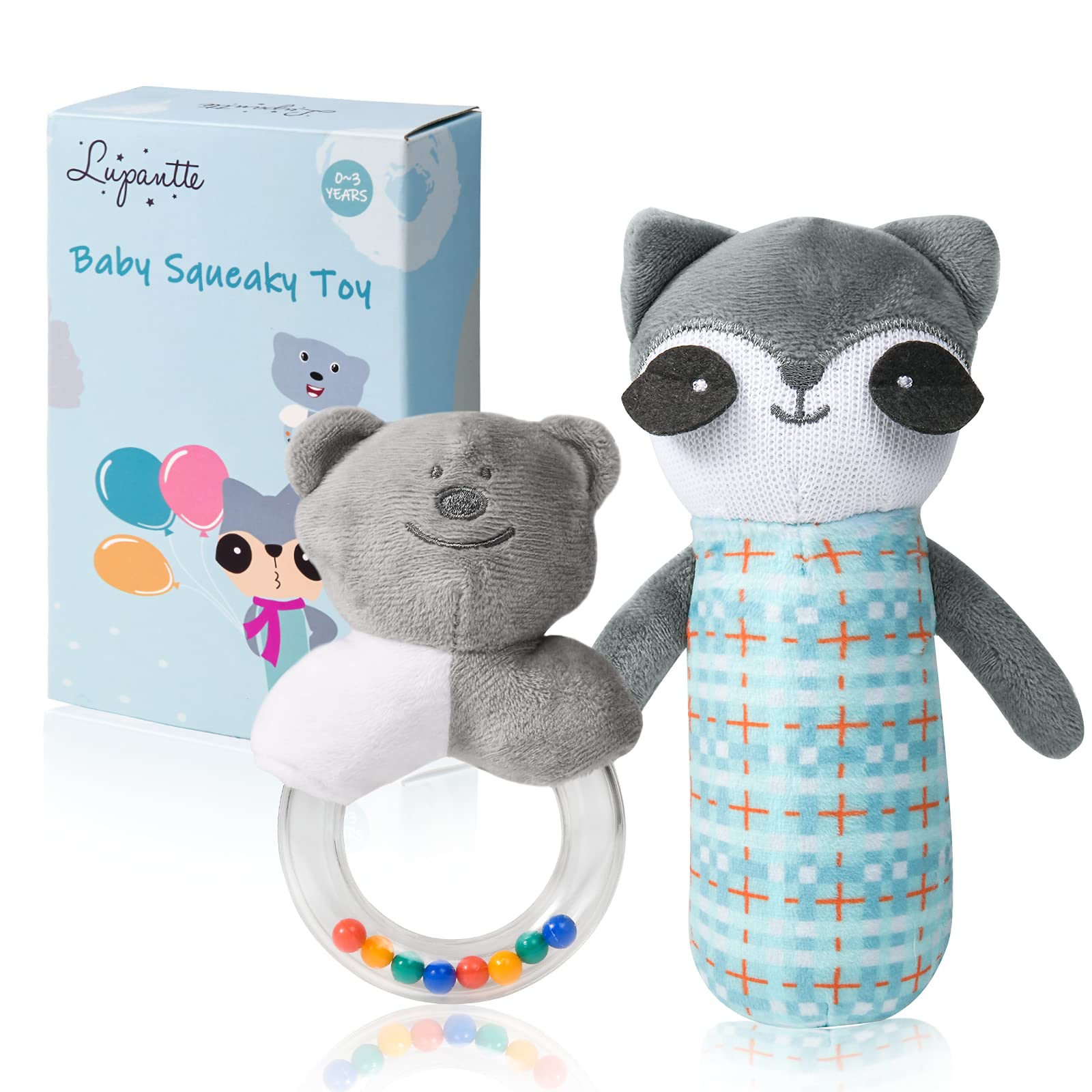 Lupantte 2 Pack Baby Rattle Toy Infant Soft Hand Grip Toys, Stuffed Animal Raccoon Handbells Sensory Development Cute Plush Rattle Stroller Toys with Sound 3 6 9 12 Months and Newborn Gifts