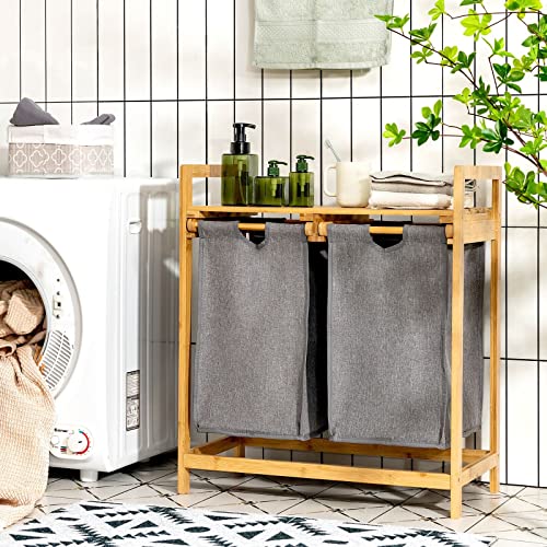 Bamboo Laundry Hamper with Dual Compartments Laundry Sorter and Sliding Bagswith Removable Sliding Bags & Shelf β Wooden Bamboo Laundry Organizer Cabinet for Bathroom (HOOYA1297)