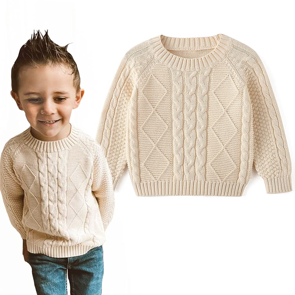 Curipeer Baby Boys Cable Knit Sweater Long Sleeve Solid Pullover Toddler Crew Neck Twist Sweaters A-Apricot