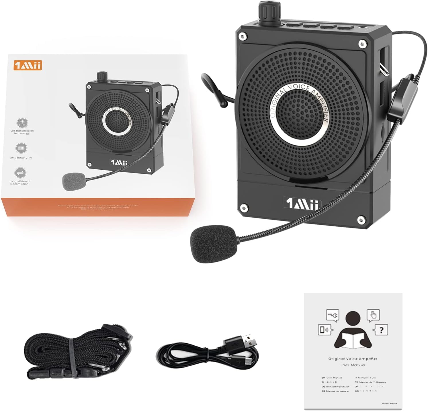 1Mii Voice Amplifier with Portable UHF Wireless Microphone Headset, 10W 1800mAh Large Capacity Rechargeable PA System for Multiple Locations Such as Yoga, Meetings, Tour Guides MK04