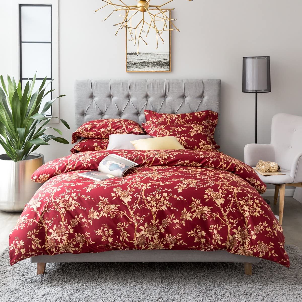 Eastern Floral Chinoiserie Blossom Print Duvet Quilt Cover Navy Blue Tan White Asian Style Botanical Tree Branches Ornamental Drawing 400TC Egyptian Cotton Bedding Set Garnet, Twin