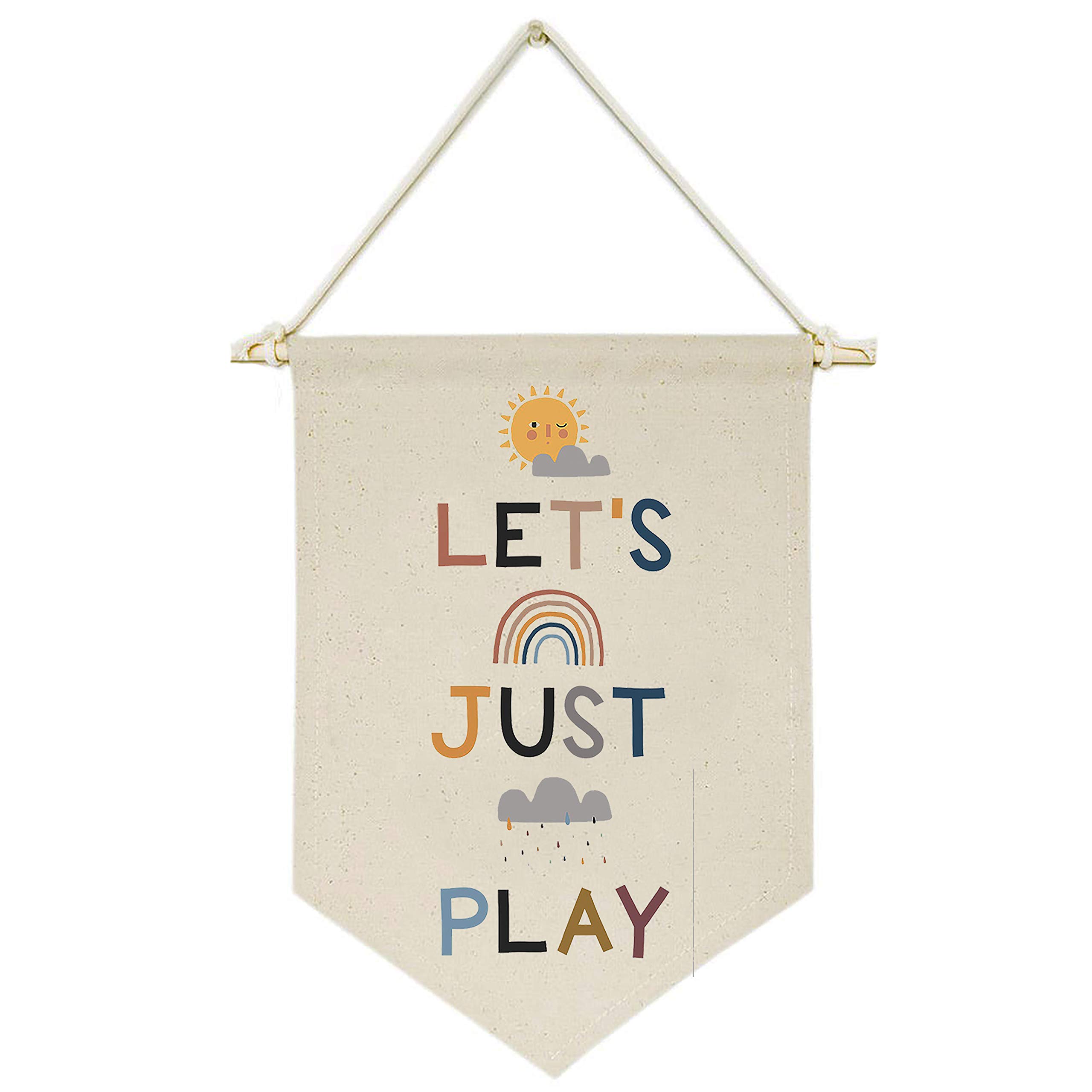 Let‘s Just Play -Canvas Hanging Flag Banner Wall Sign Decor Gift for Baby Kids Gril Boy Nursery Teen Room Front Door - Sun,Rainbow, Dark Clouds, Rains