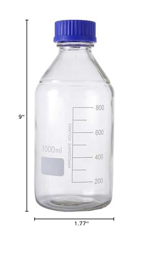 Moonetto 4 Pieces 1000ml Graduated Round Media/Storage Glass Bottle With GL45 Blue Polypropylene Screw Cap