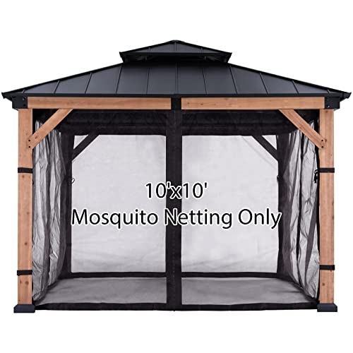 ABCCANOPY Gazebo Netting Replacement 10x10 - Universal Mosquito Netting for Gazebo and Pergolas Outdoor Mesh Netting Screen 4-Panel Sidewall Curtain with Double-Side Zippers (Black)