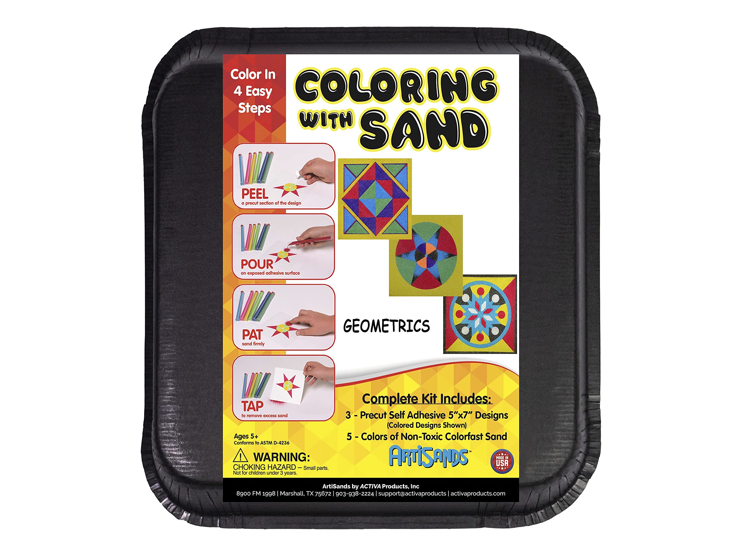 Activa ArtiSands Geometrics Sand Art Board Craft Kit, 3 Designs & 5 Sand Colors | No Scissors, No Glue, No Mess!