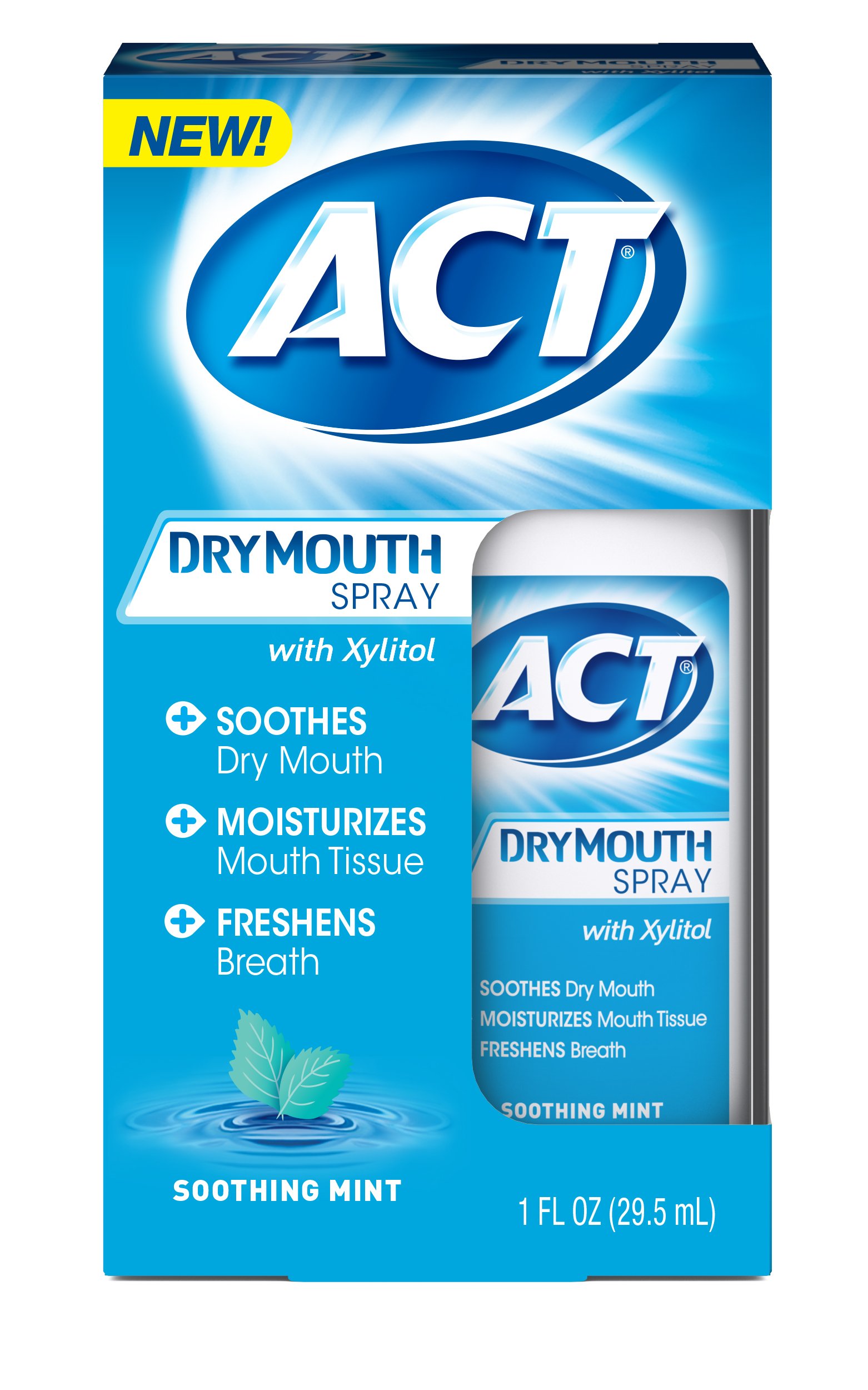 ACT Dry Mouth Spray 1 Ounce Soothing Mint Flavored Spray with Xylitol Helps Moisturize Mouth Tissue to Sooth and Relieve Discomfort from Dry Mouth, Freshens Breath