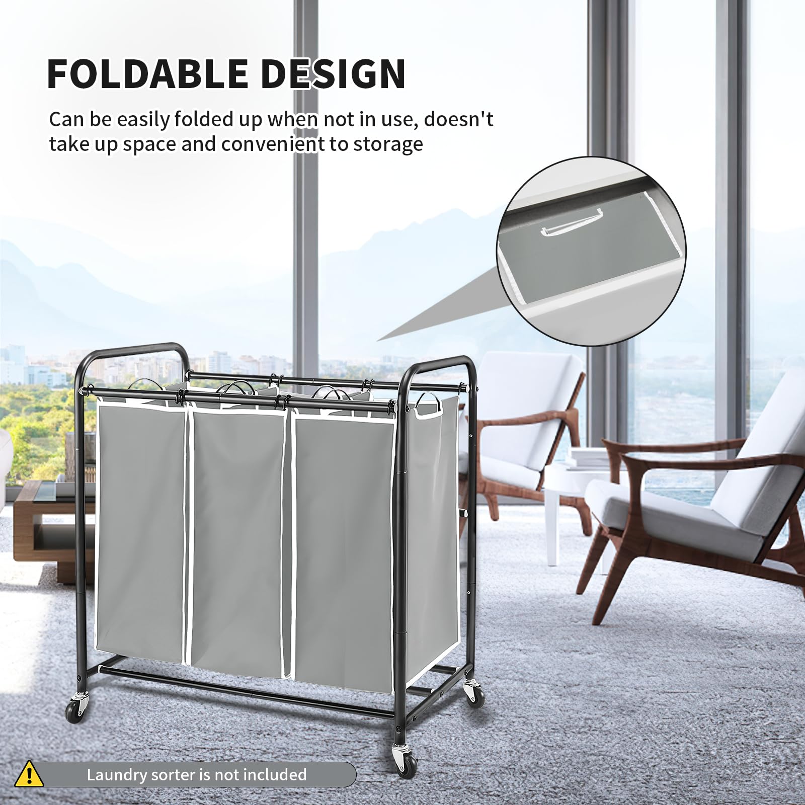 3 Bag Laundry Sorter Replacement Bags, Augot Large Hamper Cart Removable Replacement Bags with 6Pcs Carry Handle, Laundry Organizer Storage Replacement Bags 21“H×15“L×9”W (No Hangers )