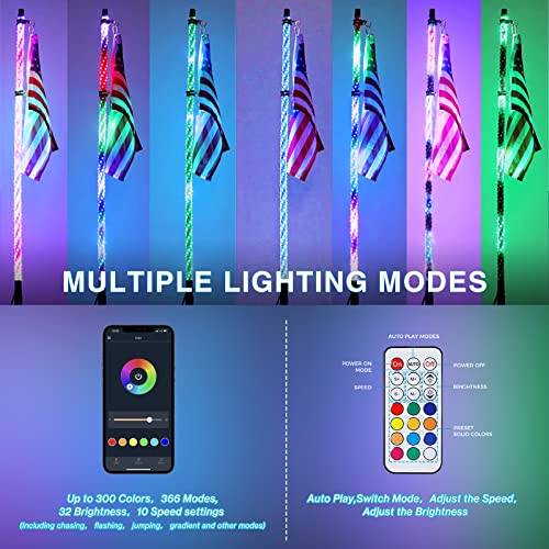 Atfoyer 2PCS 4FT Whip Lights, LED Light Whip for UTV ATV, APP and Remote Control, 366 Modes, Spiral RGB Chasing Light, Lighted Antenna Whip for Off-Road Truck Sand Buggy 4 Wheeler RZR Can-Am Polari