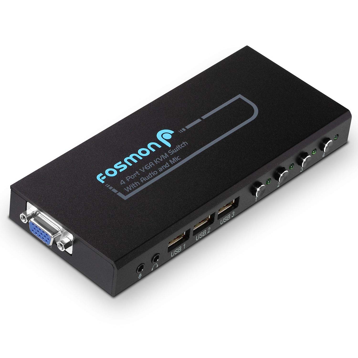 Fosmon 4-Port VGA KVM Switch, 3 USB Hubs, 1 Audio Output, 4 VGA Cables, (2048x1536@500MHz with DDC) Share 4 Computers with 1 Monitor and 3 USB Devices Mouse Keyboard Printer for PC Laptop Desktop