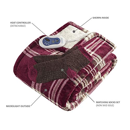 Comfort Spaces Plush to Sherpa Electric Blanket Shawl Shoulder, Neck Wrap with Matching Sock Set Giftable Ultra Soft, Warm, Snuggle Fleece-Reversible Heated Poncho Throw, 50" W x 64" L, red Plaid