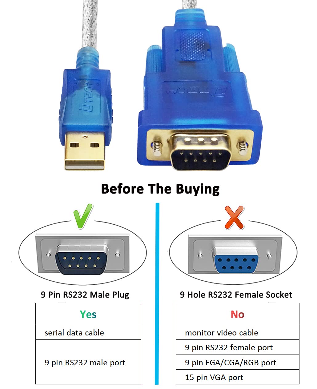 DTech USB to Serial Adapter Cable RS232 DB9 Male Port with FTDI FT232RL Chipset Supports Windows 11 10 8 7 and Mac Linux (1.5 Feet)