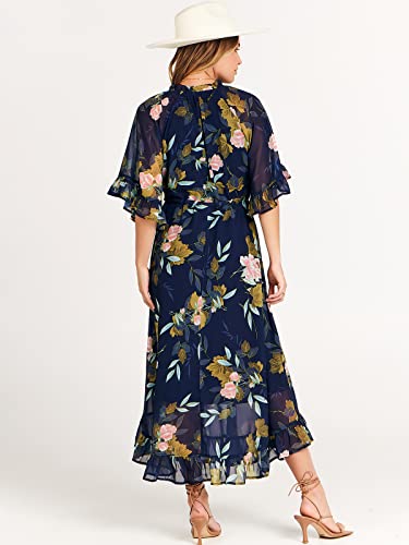ANRABESS Women's Summer Ruffle Maxi Dress Floral Print 3/4 Bell Sleeve V Neck High Waist Flowy Boho Long Dress 746fenchahua-M