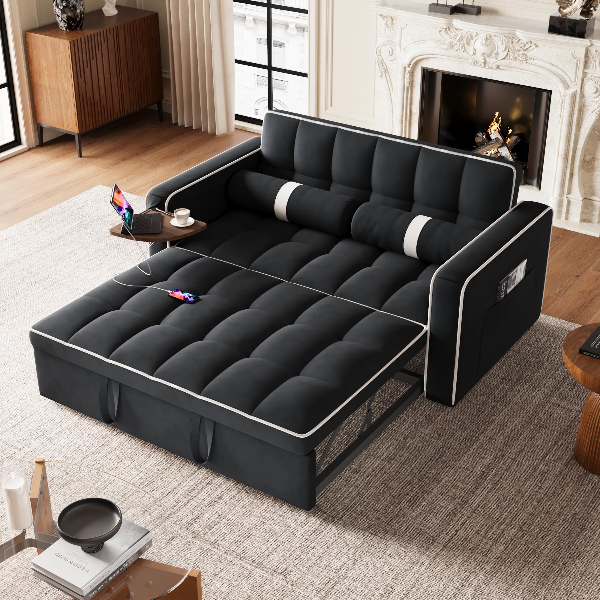 3 in 1 Sleeper Sofa Bed - Convertible Love Seat Couch with Side Table, Tufted Futon Sofa w/Pullout Bed, Adjustable Backrest, Cylinder Pillows, Small Sofa Daybed for Living Room, Apartment (Black)
