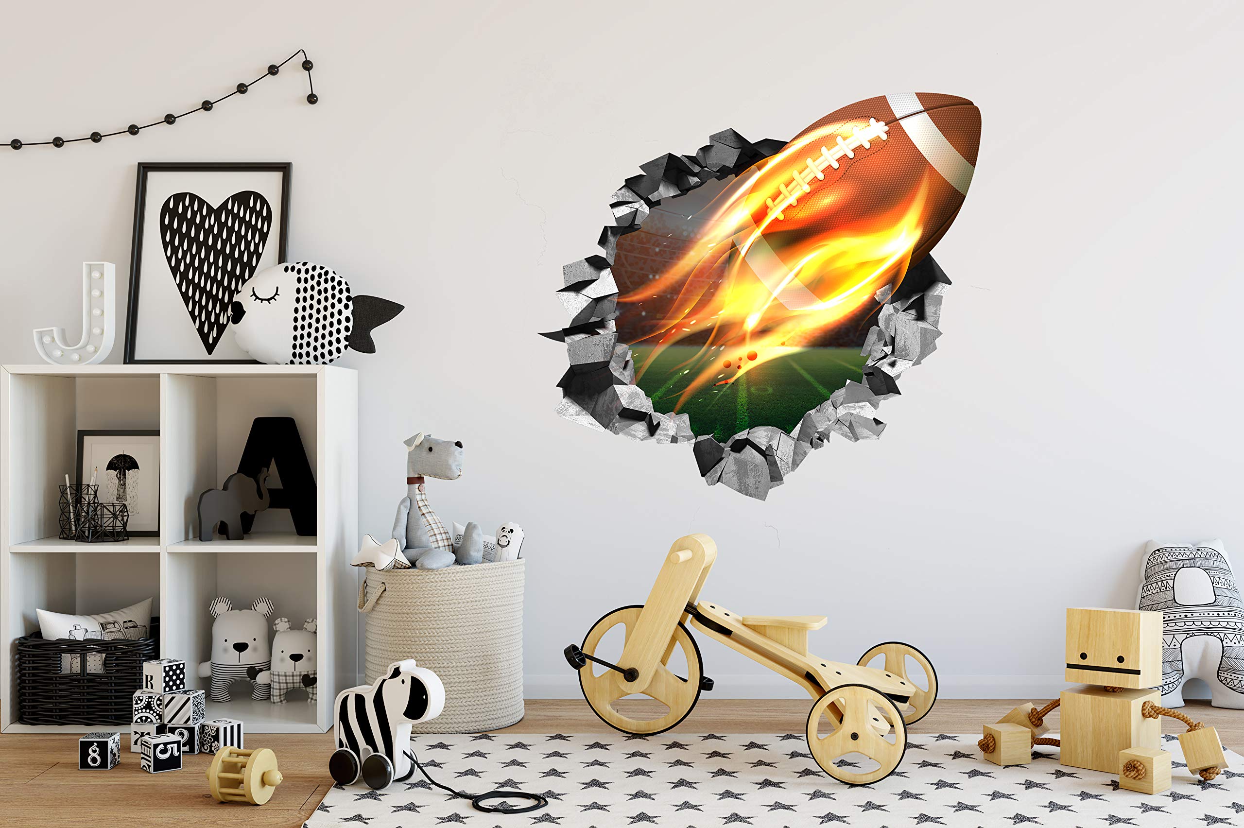 Customized For You Large 3D Wall Decal - Self Adhesive and Removable Vinyl Sticker - Break Through Image - Mural Art - Decor for Boys and Kids Bedroom, Study Room (Flying Fire Football (24"x24"))
