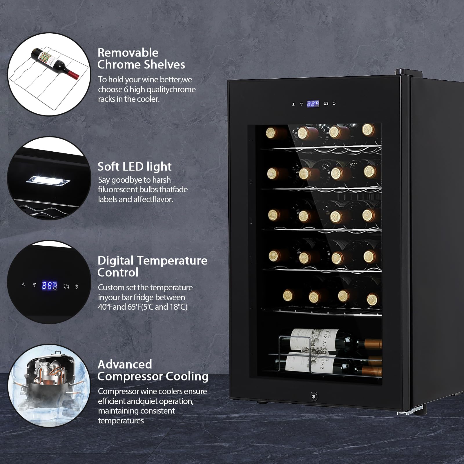 28 Bottle Compressor Wine Cooler Refrigerator, Wine Fridge Freestanding Wine Cellar for Red Wine, White, Champagne, Sparkling Wine with Digital Temperature Control, Soft LED Light, Glass Door
