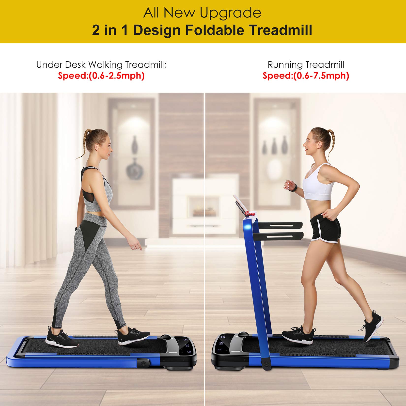 2 in 1 Under Desk Folding Treadmill,Electric Motorized Portable Pad Treadmills Walking Jogging Running Exercise Fitness Machine with Remote Controller App Control and LED Display for Home Gym