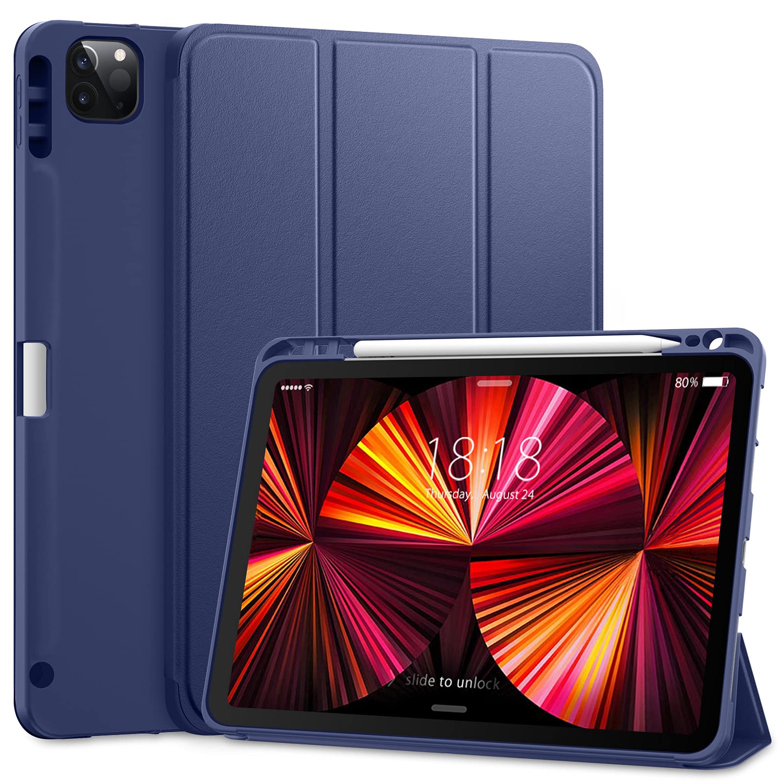DTTO for iPad Pro 11 inch 4th/3rd/2nd/1st Generation 2022/2021/2020/2018 Case, Smart Slim Trifold Stand Soft TPU Back Cover with Built-in Pencil Holder, Also Fit iPad Air 5/4,Navy Blue