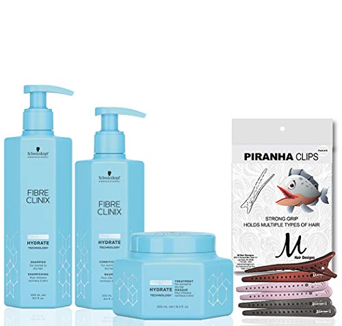M Hair Designs Fibre Clinix Tribond Hydrate Dry Hair Shampoo (10.1 oz), Conditioner (8.5 oz), Treatment (8.5 oz) & Hair Clips Bundle - Simplifies Hair Care Routines