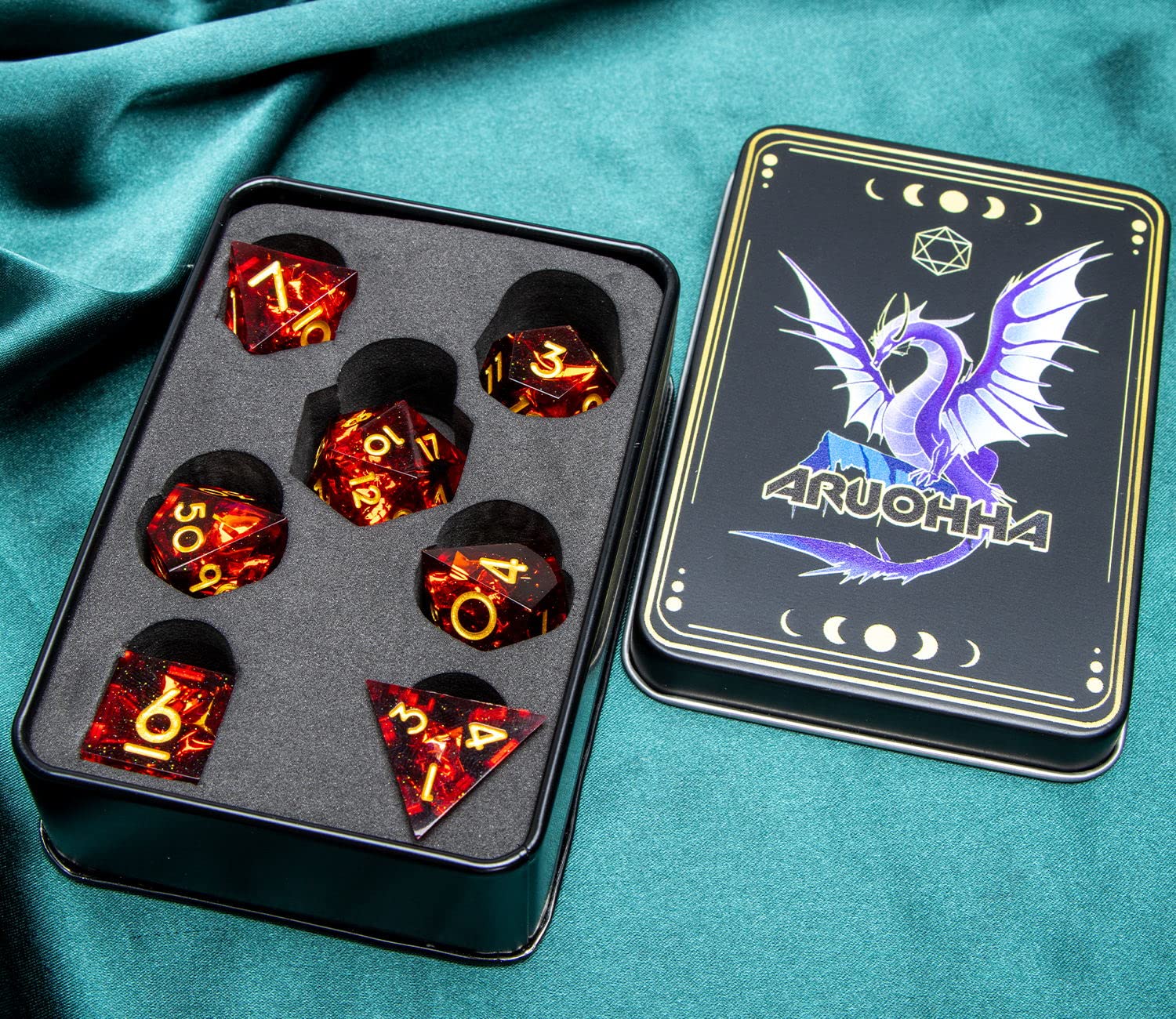 ARUOHHA DND Resin Dice Set Dungeons and Dragons Dice with Gift Box, D&D Dice Set, 7 Pcs Sharp Edge Dice Polyhedral Dice for Role Playing Game D and D Dice Inclusion Resin Dice D20 D12 D10 D8 D6 D4