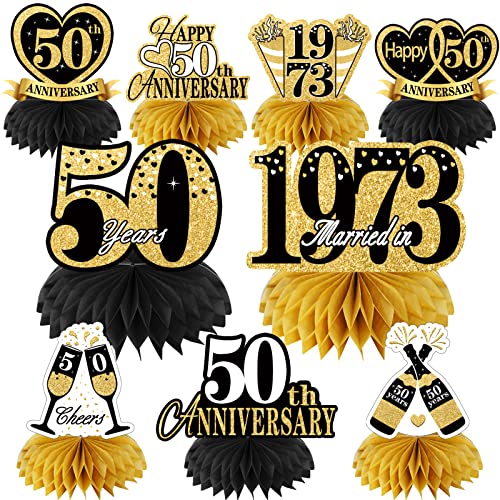 9Pcs 50th Anniversary Decorations Table Centerpeces, Black Gold Happy 50th Wedding Anniversary Honeycomb Centerpieces Party Supplies, Vintage 1973 Cheers to 50 Years Anniversary Table Topper Decor