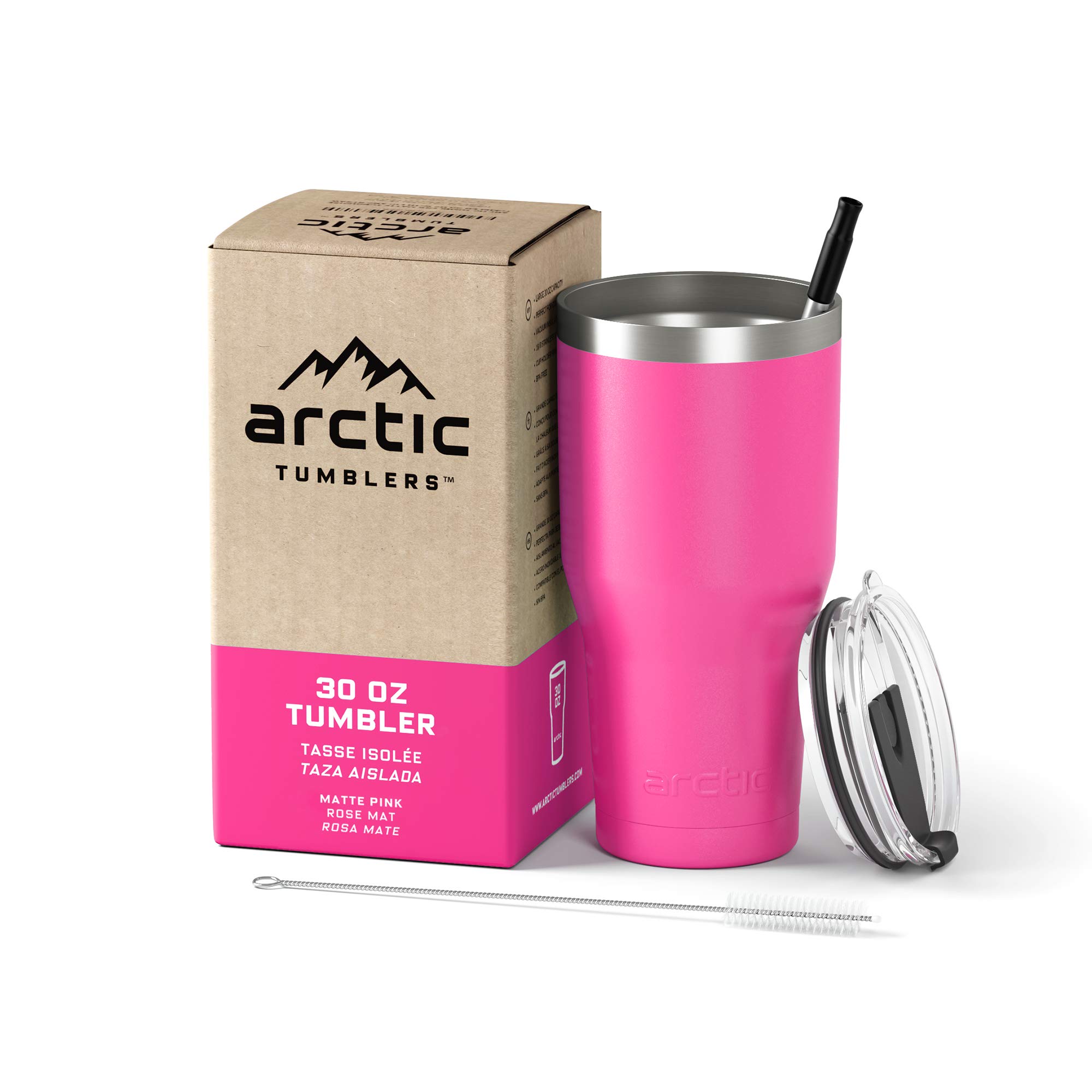 Arctic Tumblers | 30 oz Matte Pink Insulated Tumbler with Straw & Cleaner - Retains Temperature up to 24hrs - Non-Spill Splash Proof Lid, Double Wall Vacuum Technology, BPA Free & Built to Last