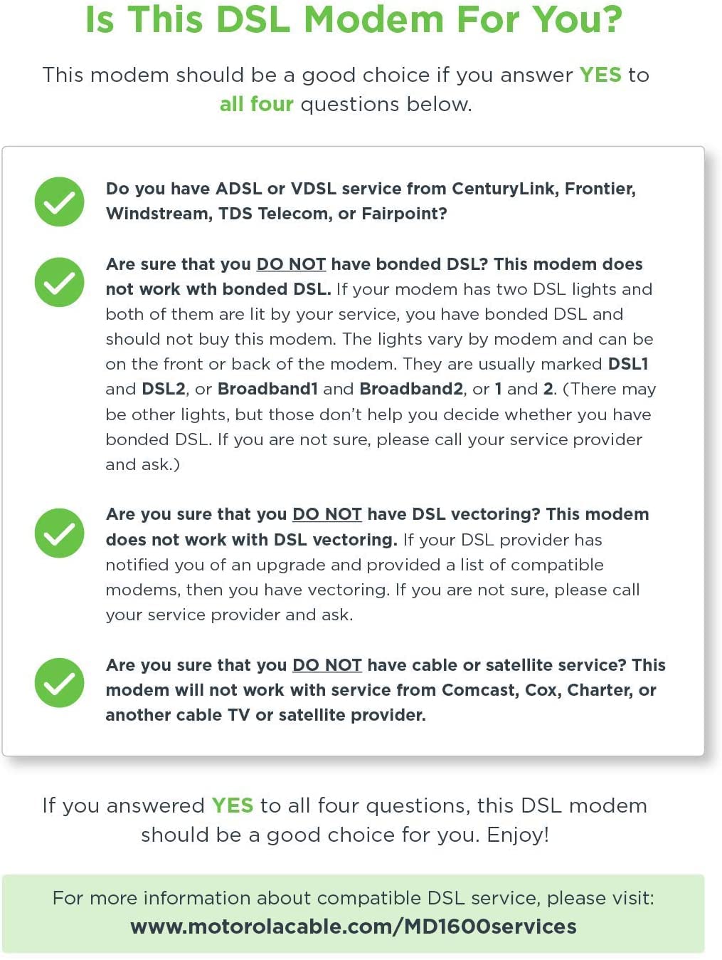 MOTOROLA VDSL2/ADSL2+ Modem + WiFi AC1600 Gigabit Router, Model MD1600, for Non-Bonded, Non-Vectoring DSL from Frontier and Some Other DSL Providers (Renewed)