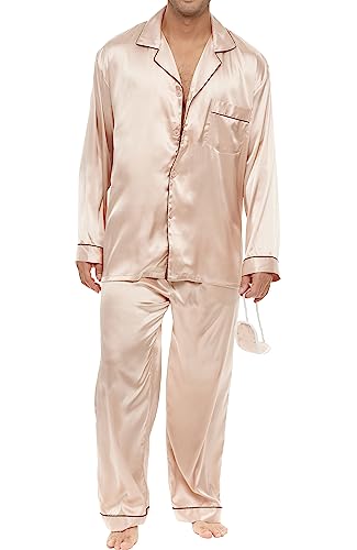 Alexander Del Rossa Men's Button Down Satin Pajama Set with Sleep Mask, Long Silk like Pjs, Champagne 2XL