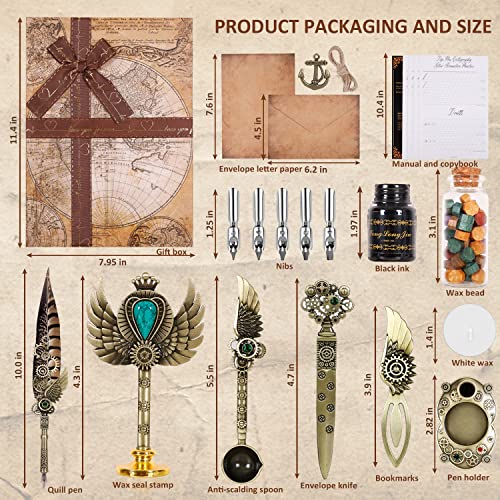 Antique Mechanical Gear Feather Pen Calligraphy Pen Set, Quill Pen Ink Set, Beginner Calligraphy Pen Quill pen, Wax Seal Stamp Kit, Calligraphy Copybook,Suitable for beginners/calligraphy lovers.