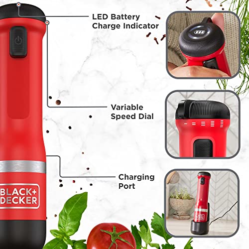 BLACK+DECKER Kitchen Wand Cordless Immersion Blender, 3 in 1 Multi Tool Set, Hand Blender with Charging Dock, Whisk and Milk Frother, Red (BCKM1013KS06)