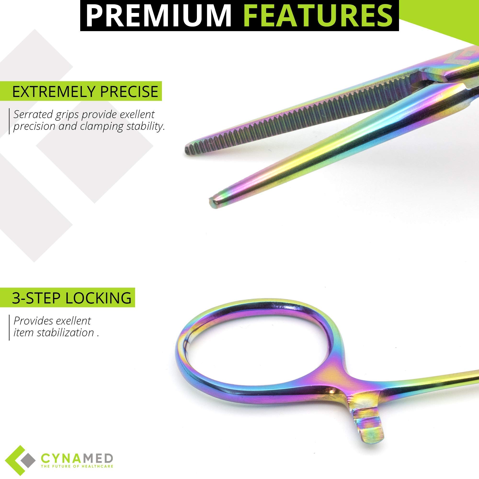 Cynamed Set of 2 Artzone Multi Color Hemostat Forceps with Serrated Jaws, Stainless Steel Rainbow Pliers - 5 inch
