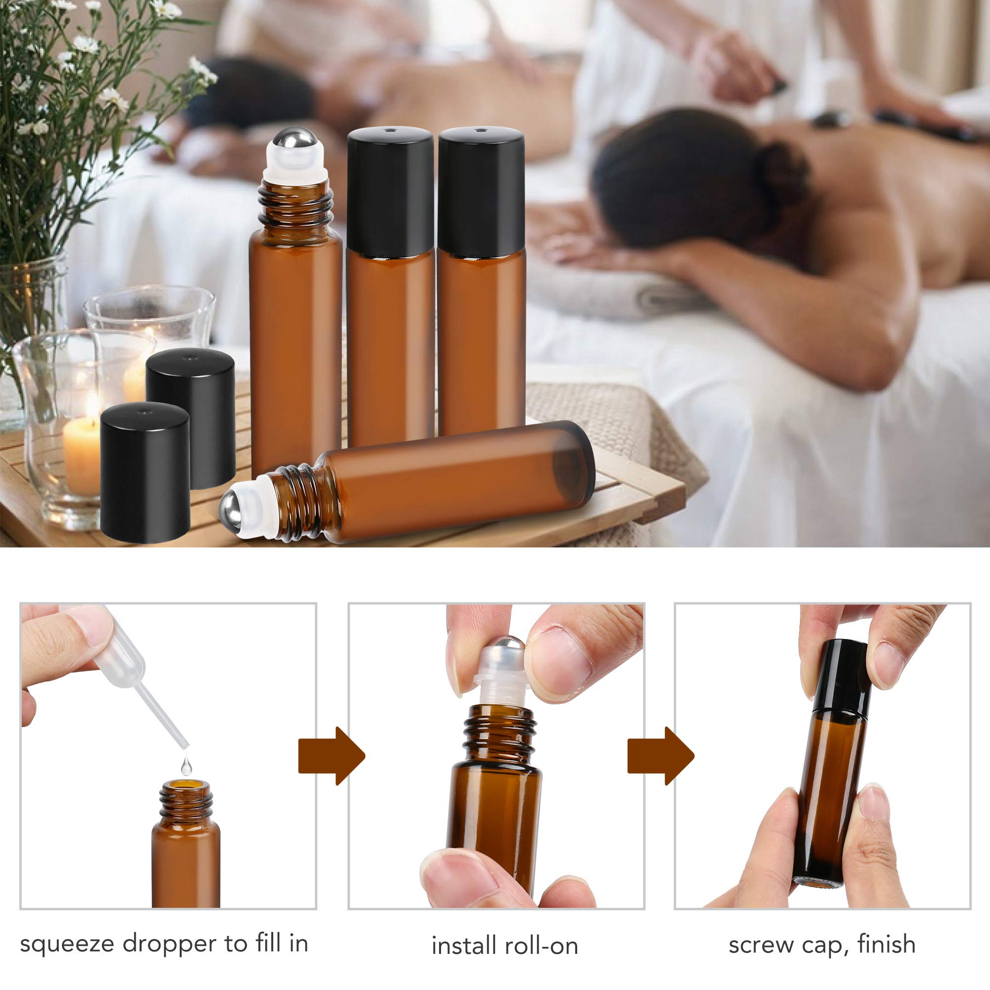 LotFancy Essential Oil Roller Bottles, 6pc 10ml Amber Glass Bottle with Stainless Steel Roller Balls and Caps, Leakproof Perfume Bottles for Travel, Includes 2pc 4ml Droppers