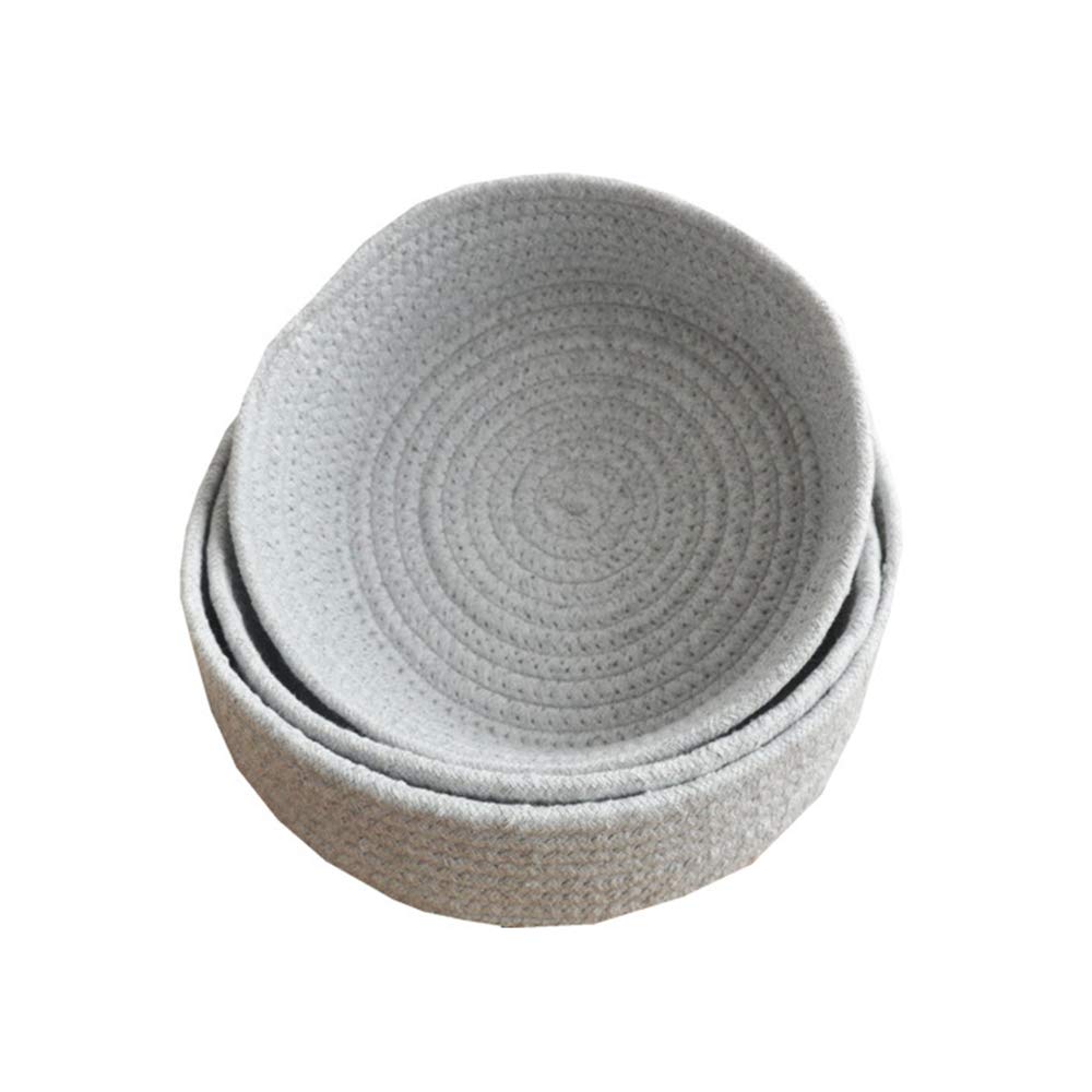 BQEE Cotton Rope Handmade Woven Home Storage Household Candy Toys Storage Basket Sundries Collection Box Candy Snack Food Tray SML Pack of 3 (Round, Grey)