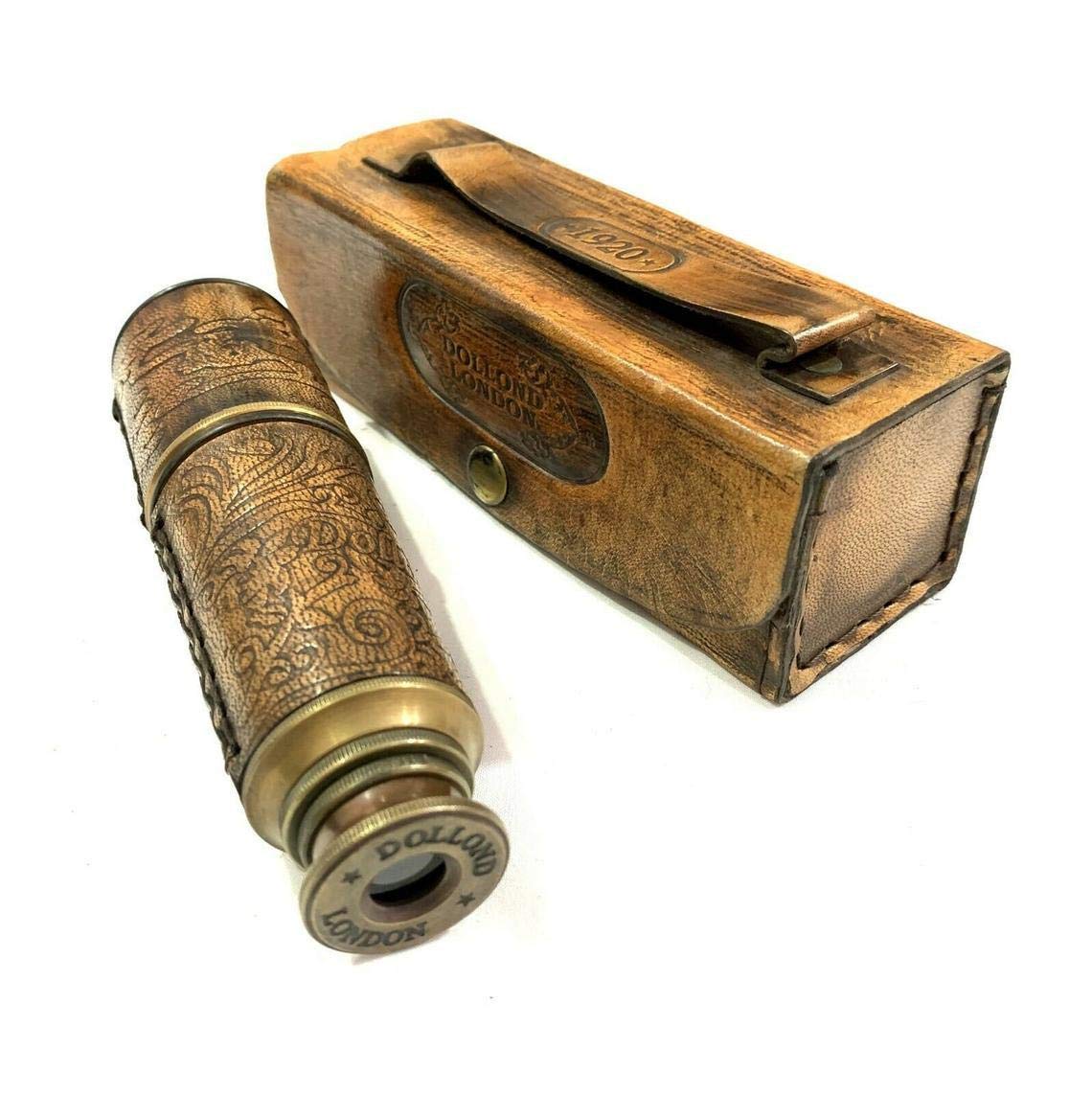 Decorative Telescope Antique Maritime Brass Spyglass 16" Dollond London Leather Engraved Telescope with Leather Case Collectible Nautical Telescope by HASSANHANDICRAFTS
