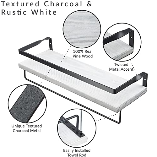 Peter's Goods Rustic Floating Wall Shelves with Rails - Decorative Storage for Bedroom, Bathroom, and Kitchen - Elegant, Modern Shelving - Rustic White Pine Wood, Charcoal Metal Frame - Set of 2