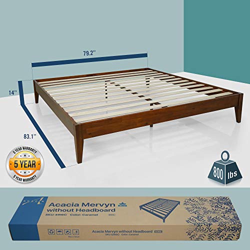 Acacia Mervyn Bed Frame Solid Wood Platform Bed, Bed Frame King, Natural Wood Bed Compatible with All Mattress Types, No Box Spring Needed, Wood Slats Support, Quick & Easy Assembly, Caramel